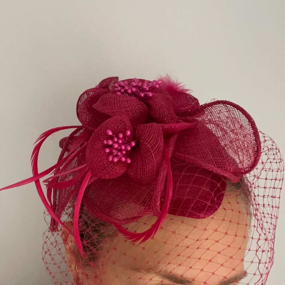 Fuscia Straw Cocktail Hat/Fascinator - Gem